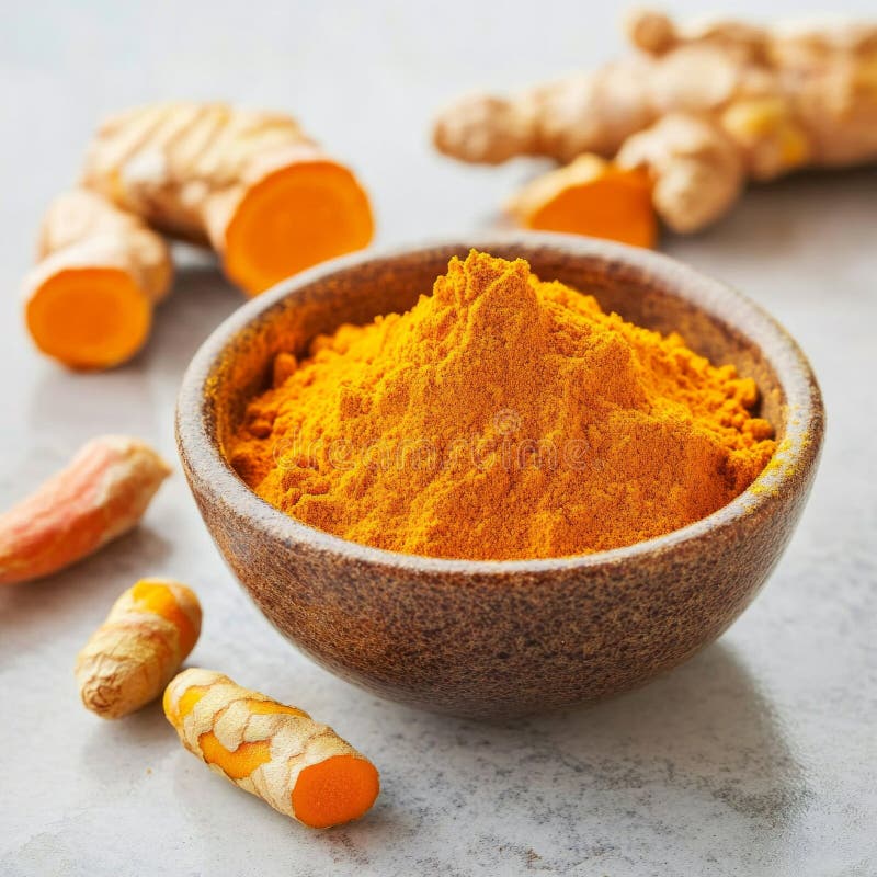 Vibrant Ground Turmeric in Rustic Bowl with Fresh Turmeric Root on ...