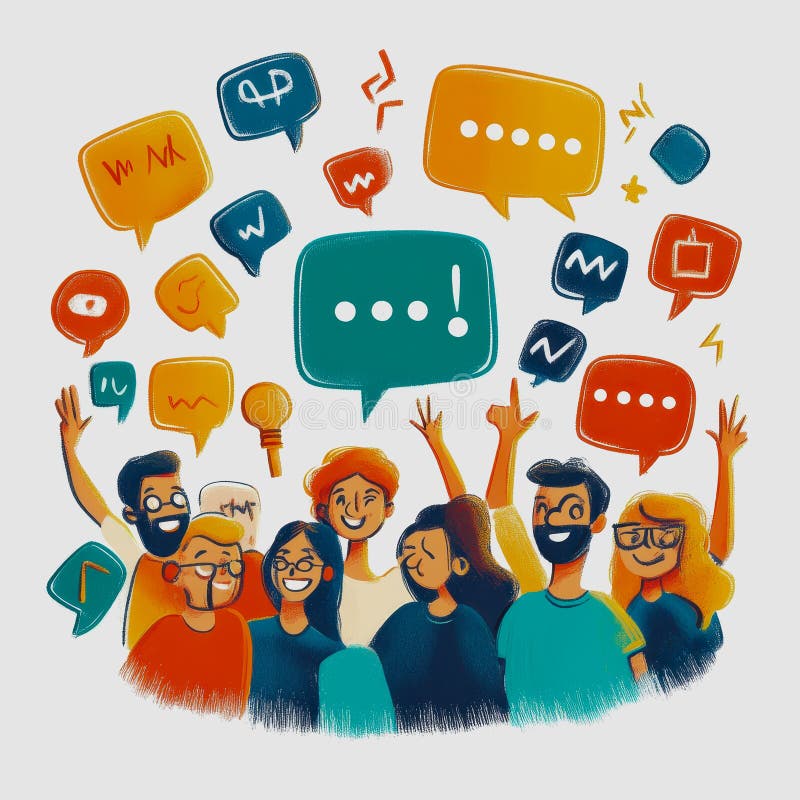 Vibrant Group of People Engaging in Conversation with Colorful Speech ...