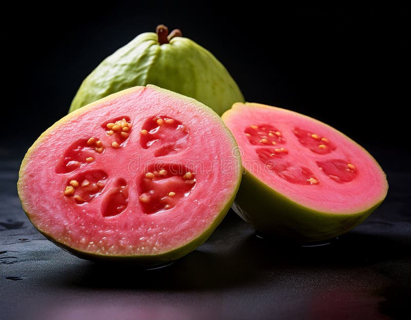 A Vibrant Guava Sliced into Halves with Its Pink Pulp Visually ...