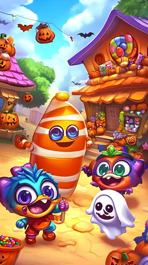 A Vibrant Halloween Scene with Playful Characters, Candy, and Festive ...