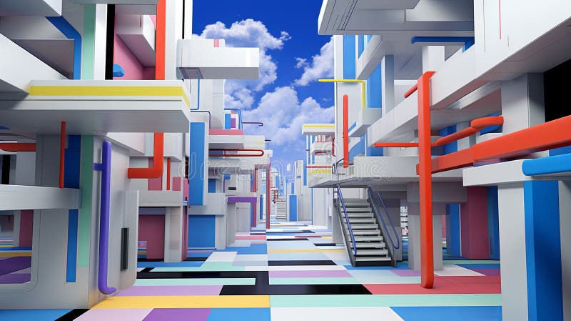 Colorful Hallway with Staircase Leading Up To the Sky Stock ...