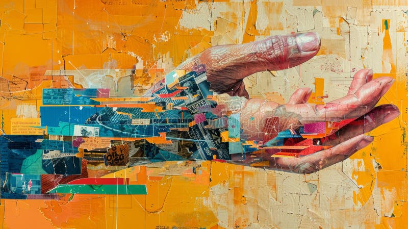 Vibrant Hand Collage Art with Mixed Media Elements on Orange Background ...