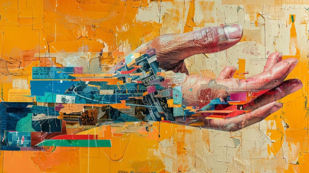 Vibrant Hand Collage Art with Mixed Media Elements on Orange Background ...