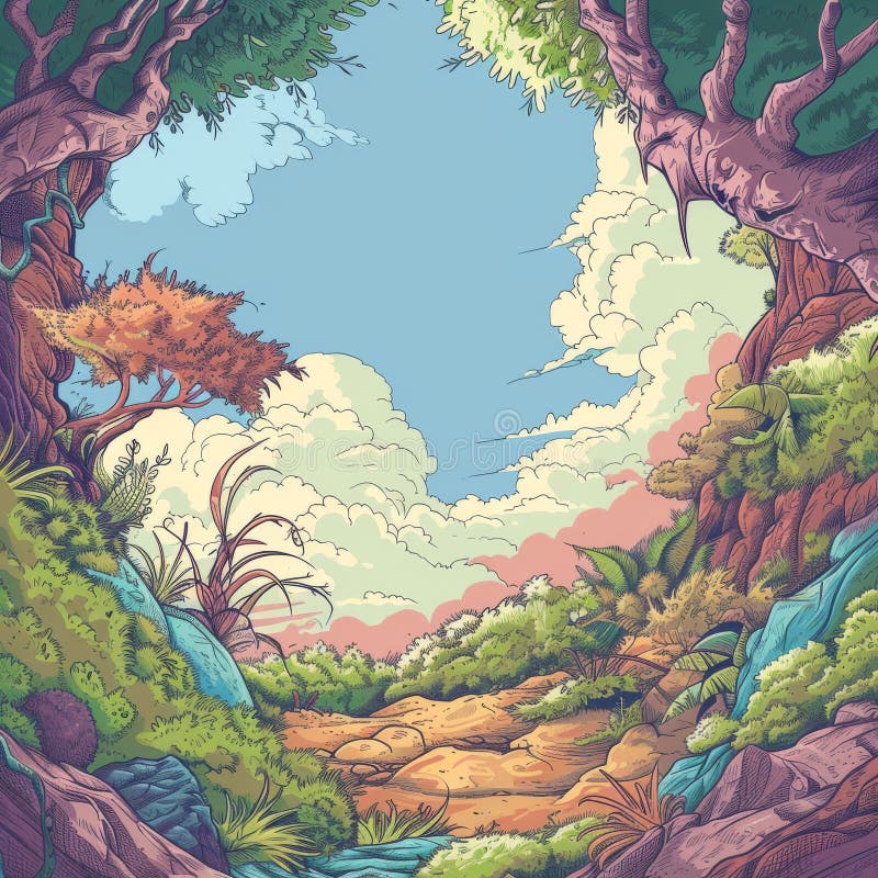 Vibrant Hand-drawn Cartoon Scene with Ample Copy Space. Stock ...