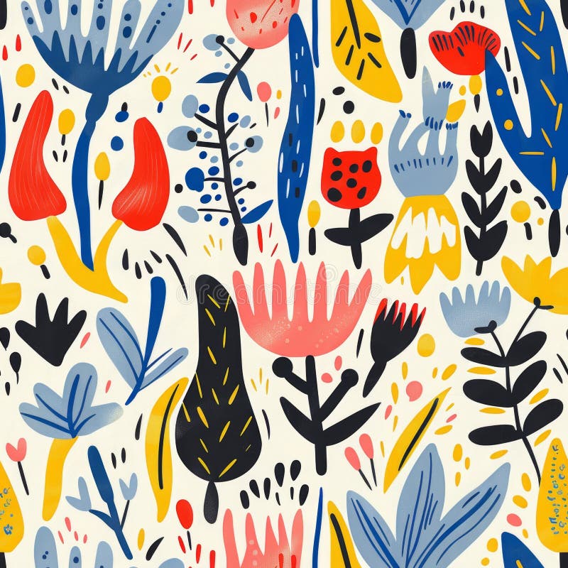 Vibrant Hand-Drawn Floral Pattern with Modern Abstract Shapes Stock ...