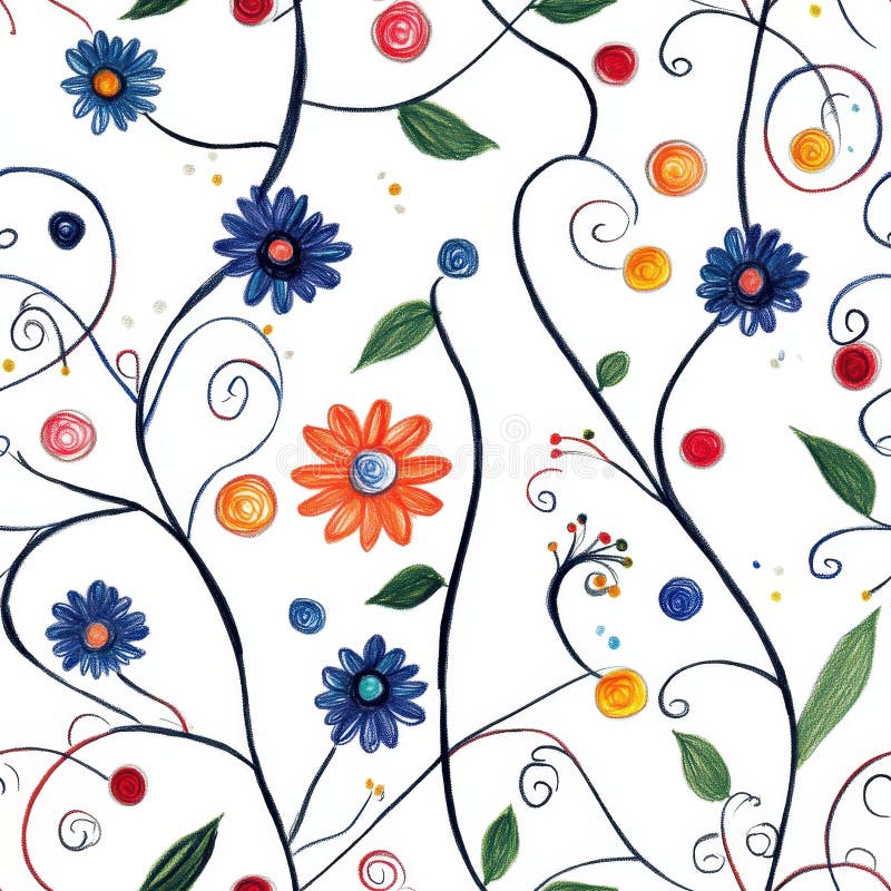 Vibrant Hand-Drawn Floral Pattern with Swirling Vines Stock Image ...