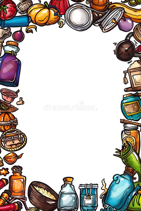 Colorful Hand-Drawn Collage of Food and Kitchen Items Generative AI ...