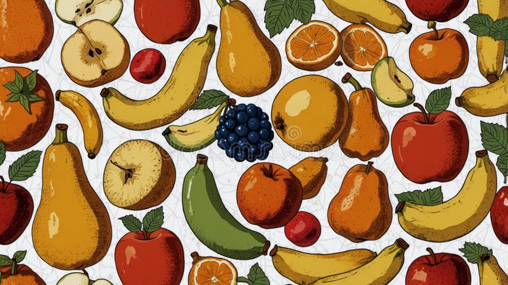 Vibrant Hand-Drawn Fruit Pattern Featuring Apples, Bananas, Oranges ...