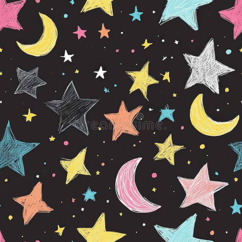 Vibrant Hand-Drawn Stars and Moons on Black Background Stock Image ...