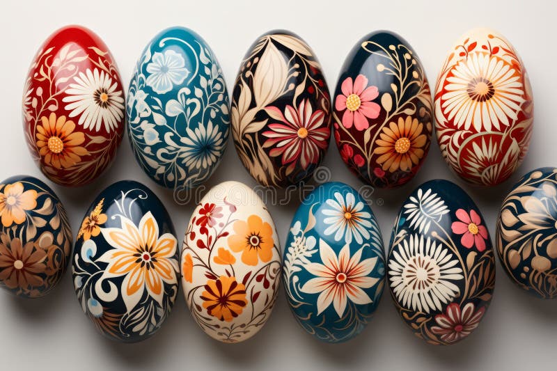 Vibrant Hand Painted Easter Eggs with Floral Patterns on White ...