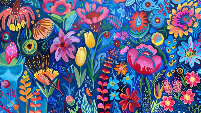 Vibrant Hand-Painted Floral Pattern with Colorful Blooms and Foliage ...