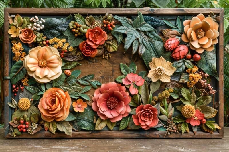 Vibrant Handcrafted Paper Flower Artwork in Wooden Frame on Rustic ...
