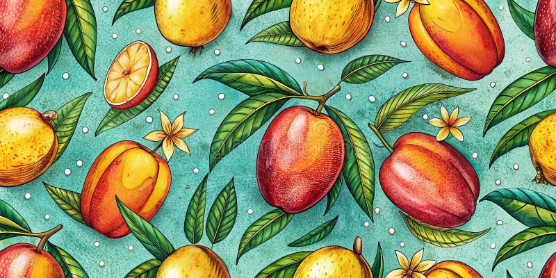 Vibrant HandDrawn Mango Pattern on a RetroInspired Background a ...