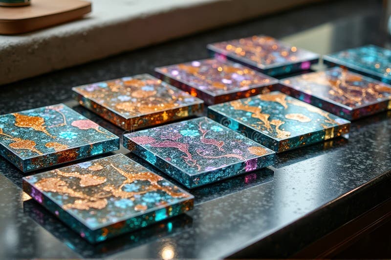 Vibrant Handmade Epoxy Resin Coasters with Colorful Patterns on Dark ...