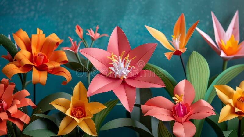 Vibrant Handmade Paper Flowers on Teal Background Stock Photo - Image ...