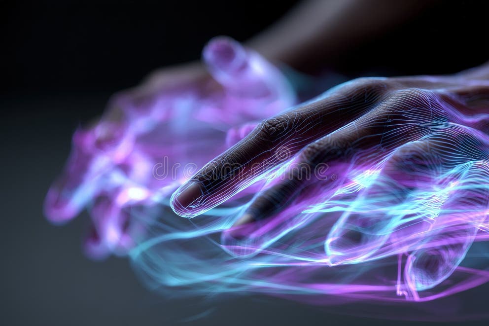 Vibrant Hands Interact with Swirling Energy in an Abstract Display of ...