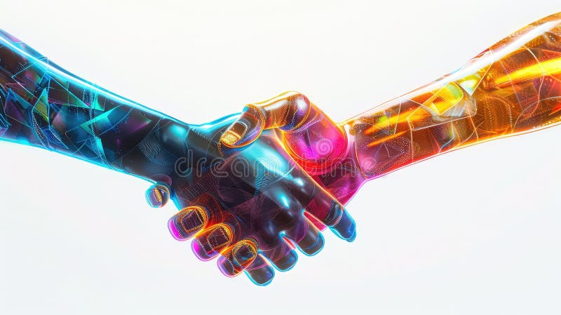 Vibrant Handshake between Technology and Humanity Against a White ...