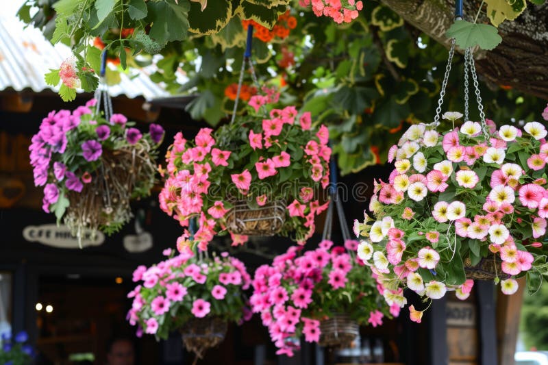 Vibrant Hanging Flower Baskets Outside a Quaint Treehouse Cafe Stock ...