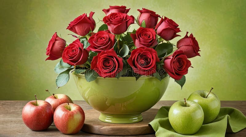 Vibrant Harmony: a Still Life of Red Roses and Green Apples Stock ...
