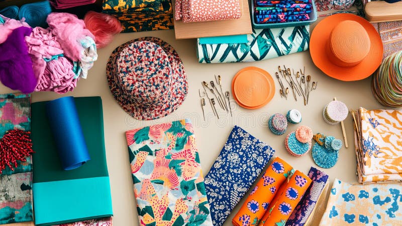 A Vibrant Hat-making Station with Fabric, Patterns, and Decorative ...