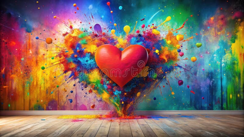 Vibrant Heart Exploding in a Room of Colorful Paint Splatter ...