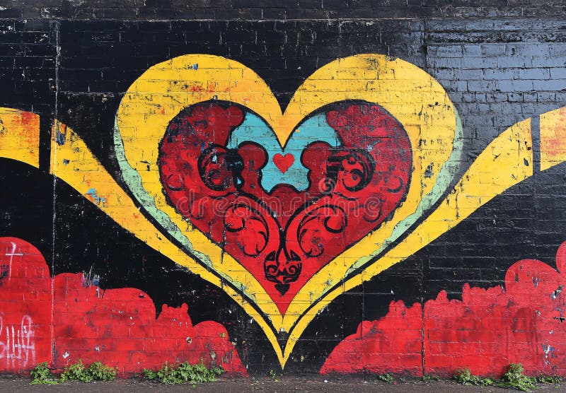 Vibrant Heart Mural Graffiti Art on Brick Wall High Quality Image Stock ...