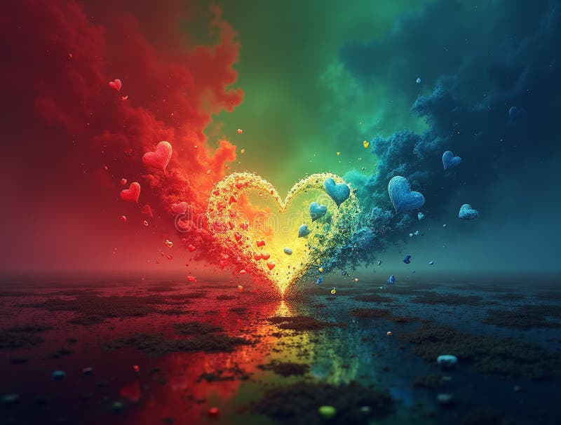 A Vibrant Heart-shaped Vortex of Red and Blue Hearts Erupts from a ...