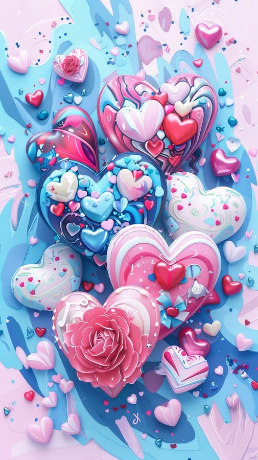 Vibrant Heart Shapes and Patterns with Blue and Pink Background Stock ...