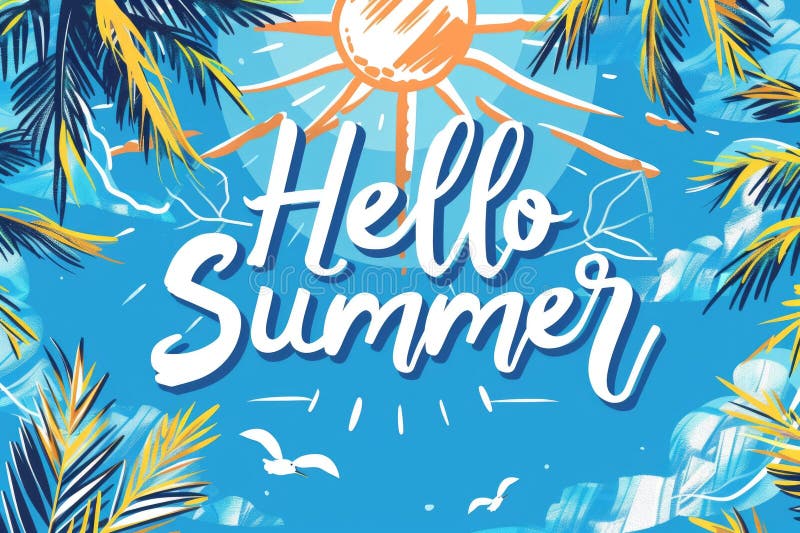 Vibrant Hello Summer Concept with Sun Graphic and Tropical Elements ...