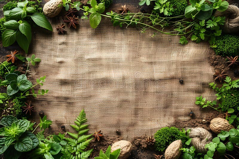 Vibrant Herbal Frame on Rustic Burlap Background with Ample Copy Space ...