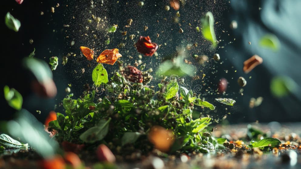 Vibrant Herbs and Spices Exploding in Mid-Air Stock Illustration ...