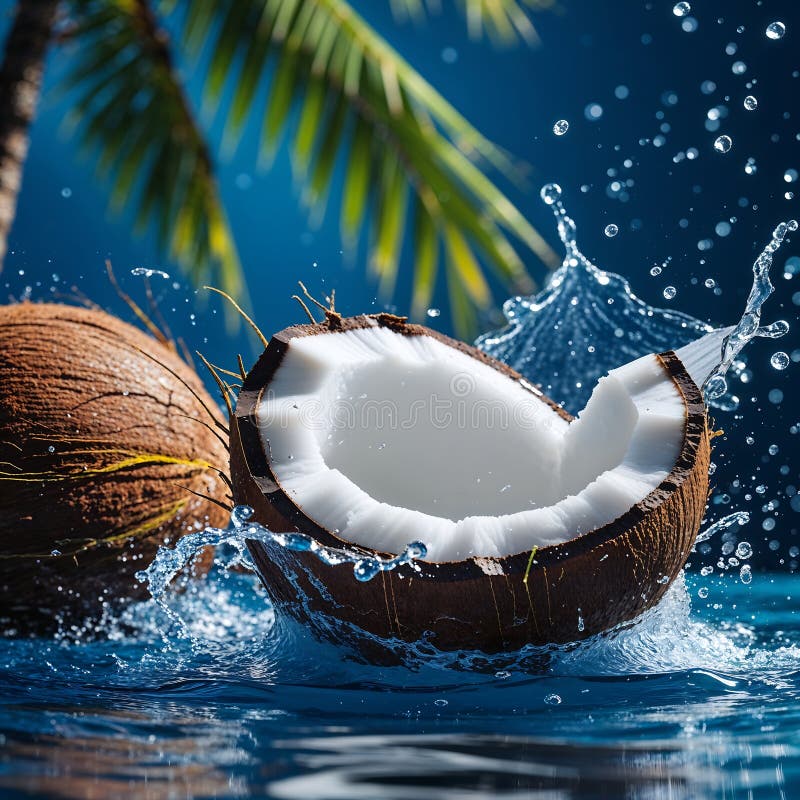 Vibrant High-Resolution Photograph of Coconuts with Dynamic Water Scene ...