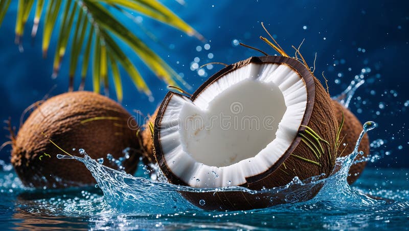 Vibrant High-Resolution Photograph of Coconuts with Dynamic Water Scene ...