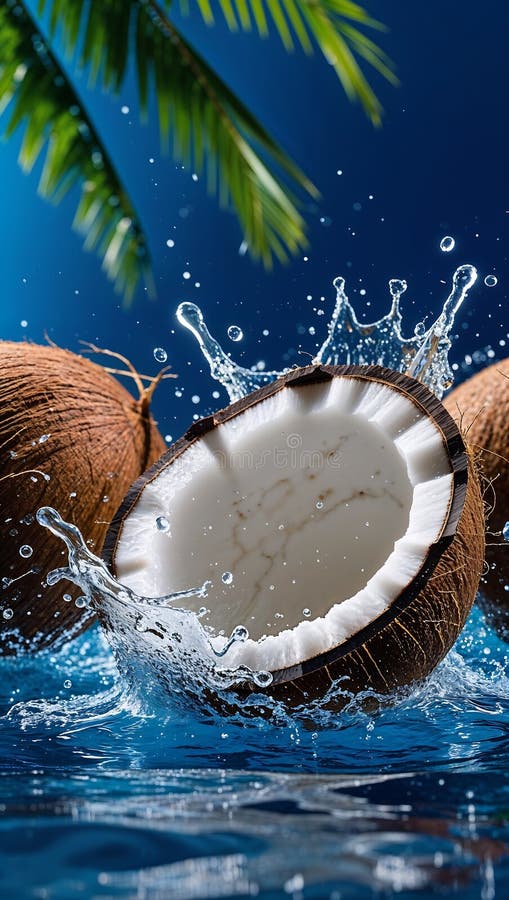 Vibrant High-Resolution Photograph of Coconuts with Dynamic Water Scene ...