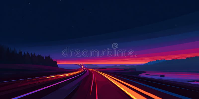 Vibrant Highway Sunset a Night Drive Scene Stock Illustration ...