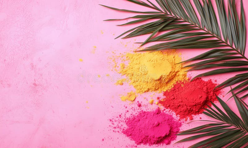 Vibrant Holi Colors on Pink Background with Tropical Palm Leaf Stock ...