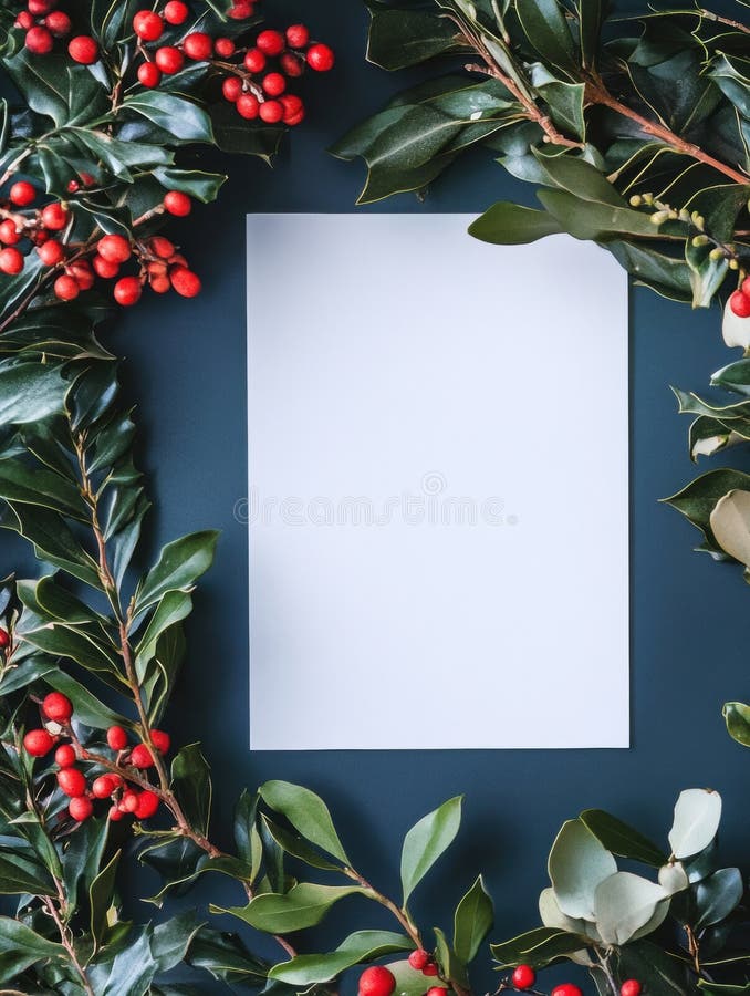 Blank Paper Surrounded by Vibrant Holly Leaves and Red Berries on a ...