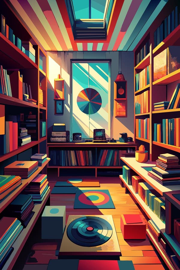 Vibrant Home Library with Vinyl Records and Skylight Stock Image ...