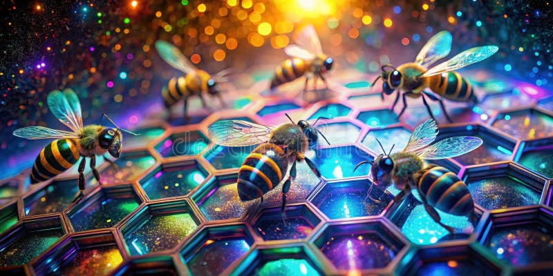 Vibrant Honeybees on a Glowing, Iridescent Hexagonal Structure ...