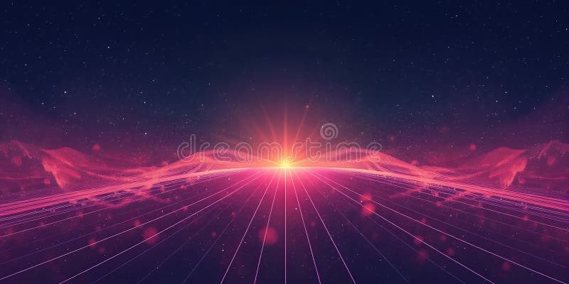 Vibrant Horizon with Glowing Sun and Pink Clouds Above a Perspective ...