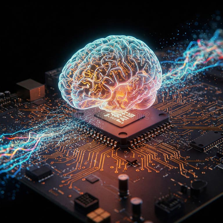 A Glowing Brain Processes Information on a Circuit Board. Stock Photo ...