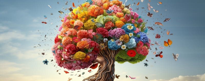 A Vibrant Human Brain Tree Covered in Flowers, Generative AI Stock ...