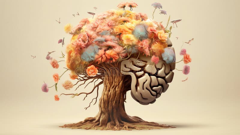 A Vibrant Human Brain Tree Covered in Flowers, Generative AI Stock ...