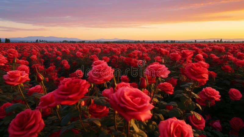 Vibrant Hyper-realistic Red Roses in a Sunset Field Stock Illustration ...