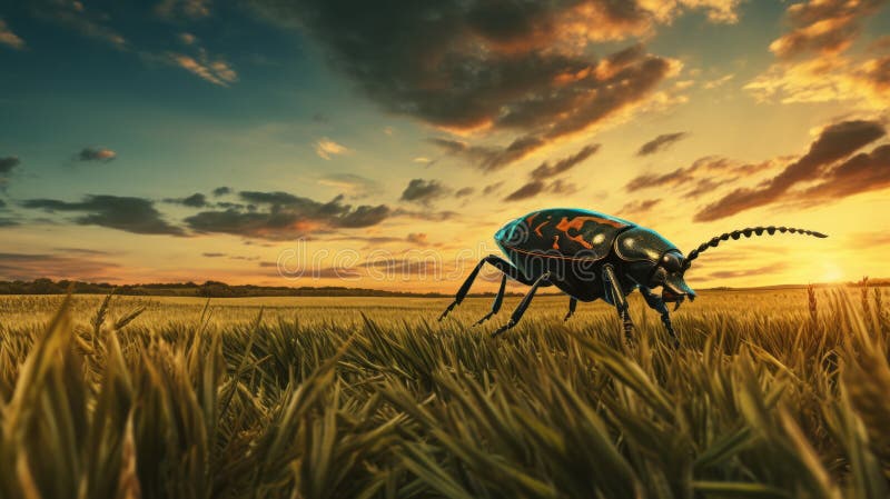 Vibrant Hyperrealistic Robot Bug in Grassy Field at Sunset Stock ...