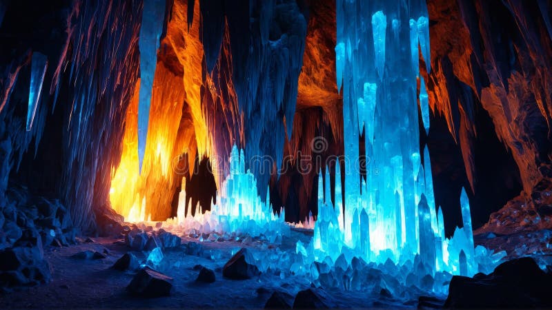 Vibrant Ice Cave with Blue and Orange Crystals in a Mesmerizing ...