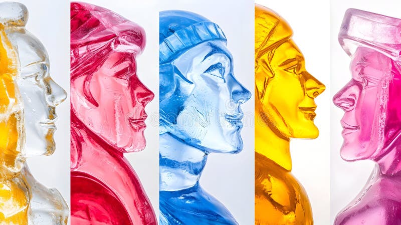 Colorful Ice Art Sculptures of Stylized Human Faces in Profile Stock ...