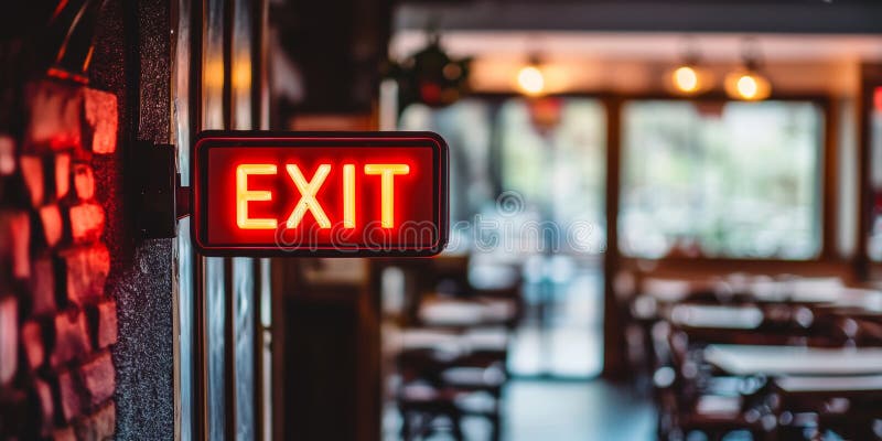 Vibrant Illuminated Exit Sign in Restaurant or Cafe Interior for ...