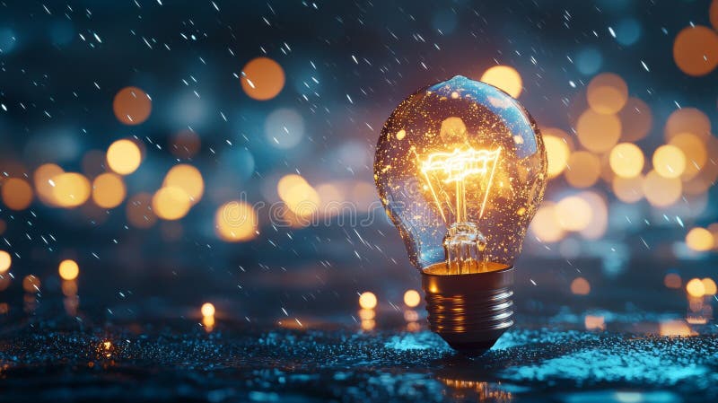 A Vibrant and Illuminated Light Bulb Surrounded by Raindrops and ...