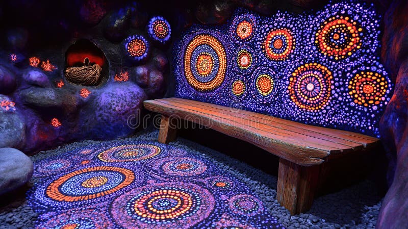 A Vibrant, Illuminated Mosaic Cave-like Space, Featuring a Wooden Bench ...